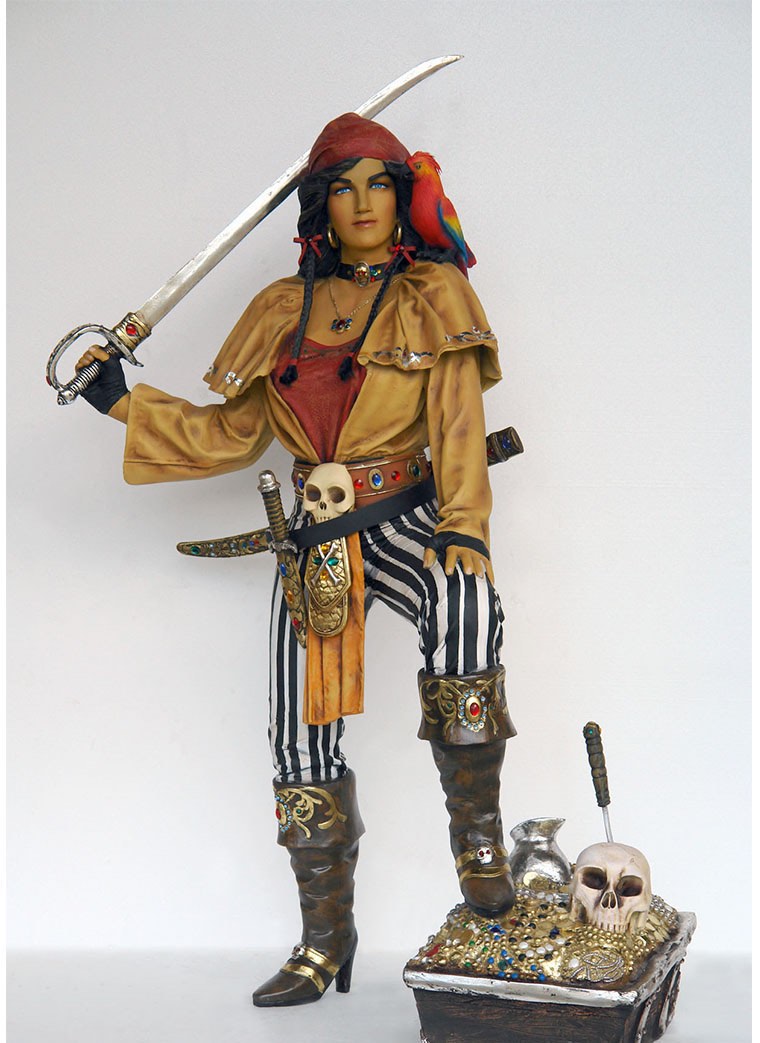 Lady Pirate Statue with Treasure Chest